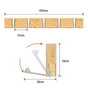 Anjuer Coat Hanger Wall Mounted Clothes Rack 5 Retractable Hooks Heavy Duty Clothes Hat Holder Bamboo Board Silver Hooks