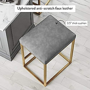 Nathan James Nelson Backless Pub-Height Kitchen Counter Bar Stool with Faux Leather Cushion and Metal Base, 24", Gray/Gold