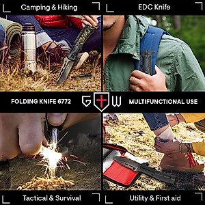 Grand Way Bundle of 2 Items - Pocket Folding Knife - Military Style - Pocket Knives - Tactical Knife - Best EDC Survival Hiking Hunting Camping Knife - Knife with Firestarter and Whistle