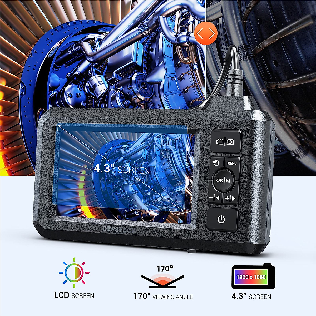 DEPSTECH Dual Lens Industrial Endoscope, 1080P Digital Borescope Inspection Camera, 7.9mm IP67 Waterproof Camera, Sewer Camera with 4.3" LCD Screen,7 LED Lights,16.5FT Semi-Rigid Cable,32GB Card-Black