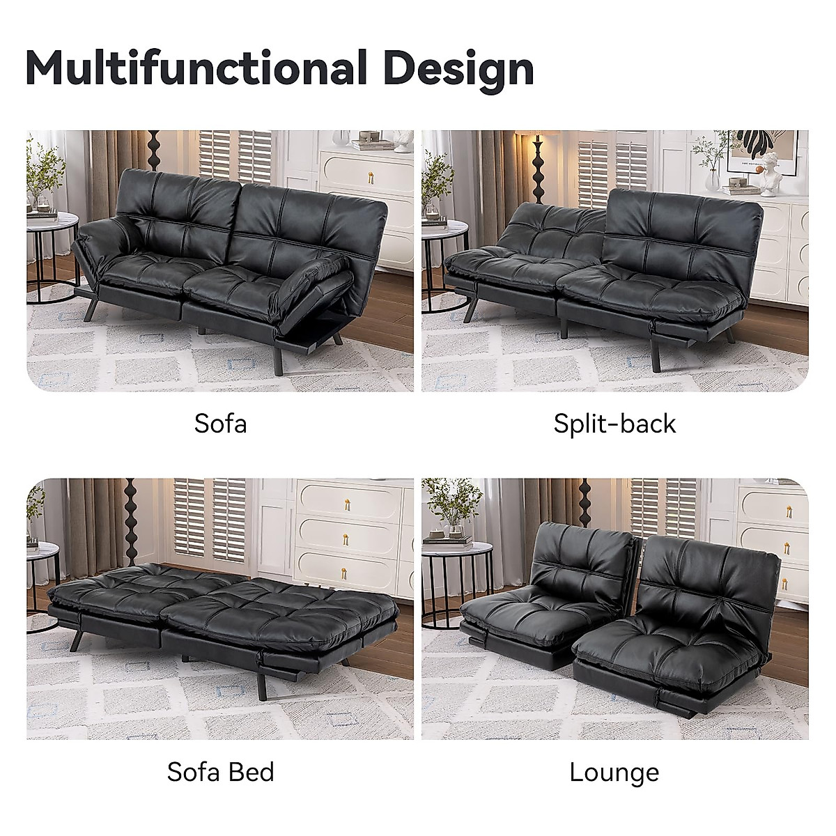 Hcore Convertible Couch Bed,Memory Foam Futon Sleeper Sofa Sofabed, Matte Black