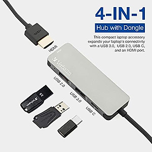 Verbatim 4-in-1 USB C Hub Adapter with Dongle - 60W Power Delivery, USB 3.0, USB 2.0 for USB C Laptops + 6FT Monster 4K Ultra HDMI Cable