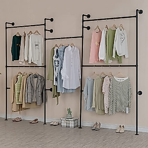 EDCB Industrial Pipe Clothes Rack, Heavy Duty Detachable Wall Mounted Black Iron Garment Bar, Clothing Store Display Stands Garment Rack Closet System (125.5 x 93.7inch)