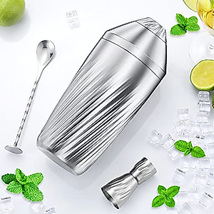 Cocktail Shaker Bar Set - Innovative Premium Vacuum Insulated Stainless Steel Drink Shaker Double Wall Margarita Mixer Jigger & Mixing Spoon Set - Martini Shaker for Home Bartender - 28oz