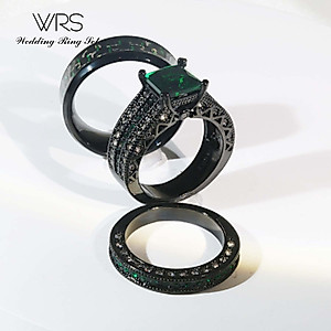 Two Rings His Hers Wedding Ring Sets Couples Matching Rings Women's Black Gold Filled Green CZ Wedding Engagement Ring Bridal Sets Men's Stainless Steel Wedding Band