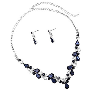 Rosemarie Collections Women's Rhinestone Crystal Teardrop Statement Necklace Drop Earrings Set, 15"+6" Extender (Montana Blue Silver Tone)