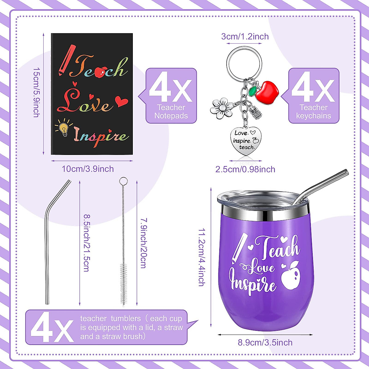12 Pcs Teacher Appreciation Week Gifts in Bulk for Women, Teach Love Inspire Tumbler Set 12 oz Wine Cup with Mini Journal Notepads Keychains Teachers Day Gifts Graduation Retirement Gifts(Purple)