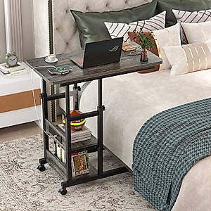 Height Adjustable End Table with Charging Station, Mobile C Shaped Laptop Side Table with Wheels, 3-Tier Sofa Couch Table with Storage Shelve for Living Room Bedroom, Grey Oak