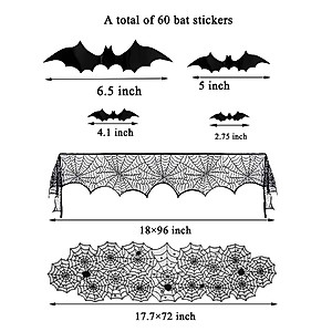 4 Pack Halloween Decorations Tablecloth Runner Black Lace Round Spider Cobweb Table Cover Fireplace Mantel Scarf Spiderweb with 60 Pcs 3D PVC Scary Black Bat Sticker Halloween Party Supplies