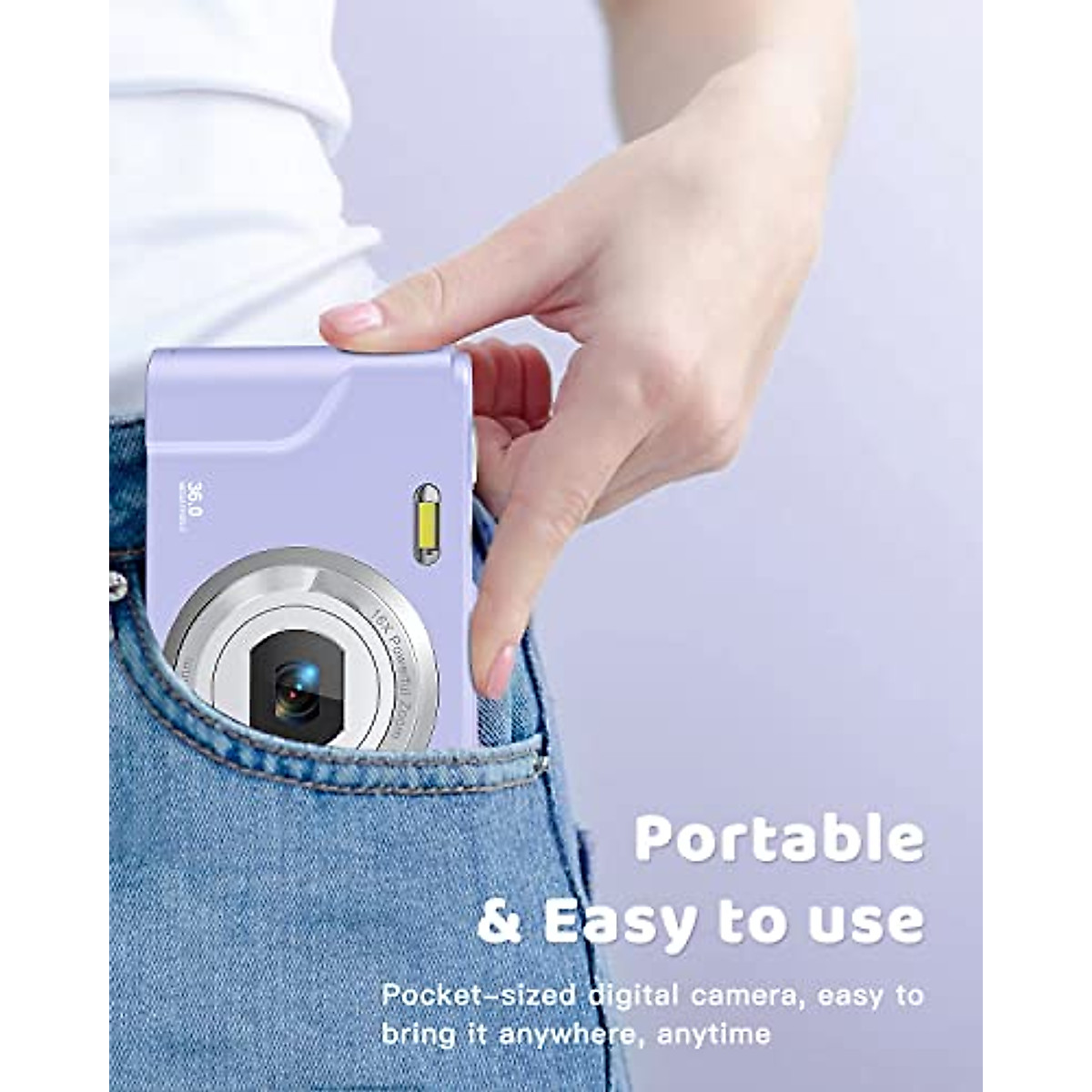 Digital Camera, Lecran FHD 1080P 36.0 Mega Pixels Vlogging Camera with 16X Digital Zoom, LCD Screen, Compact Portable Mini Cameras for Students, Teens, Kids (Purple)