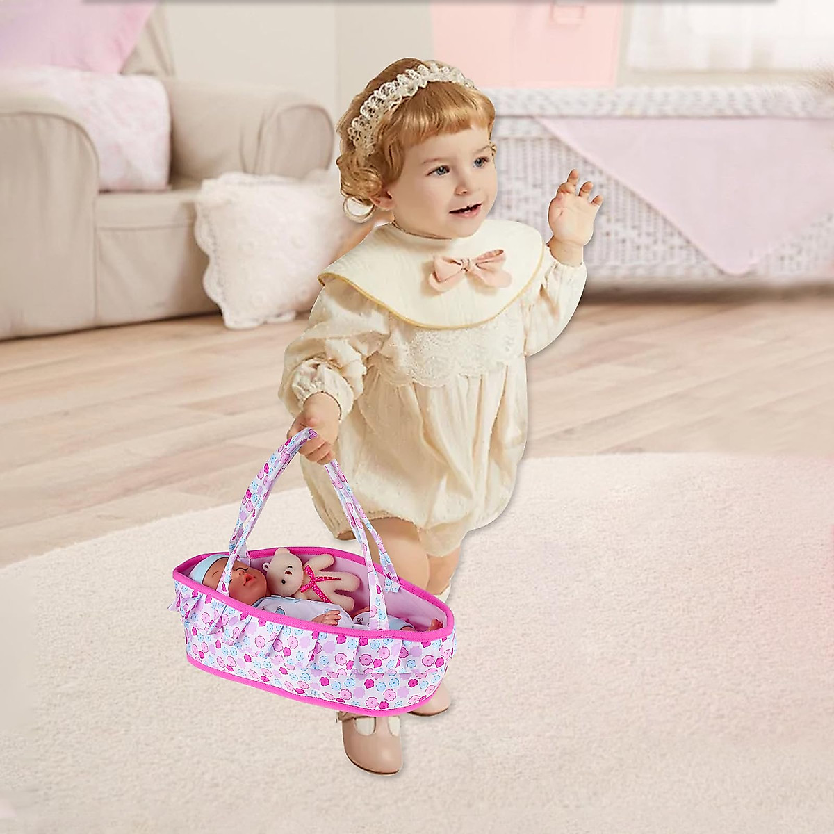 Baby Doll Cradle Bassinet Portable Doll Carrier Carry Bag Doll Bed,Baby Doll Accessories Playset,with Doll Clothes Soft Pillow Quilt Blanket Bear,for 8-9-10-11-12 Inch Smaller Alive Baby Doll