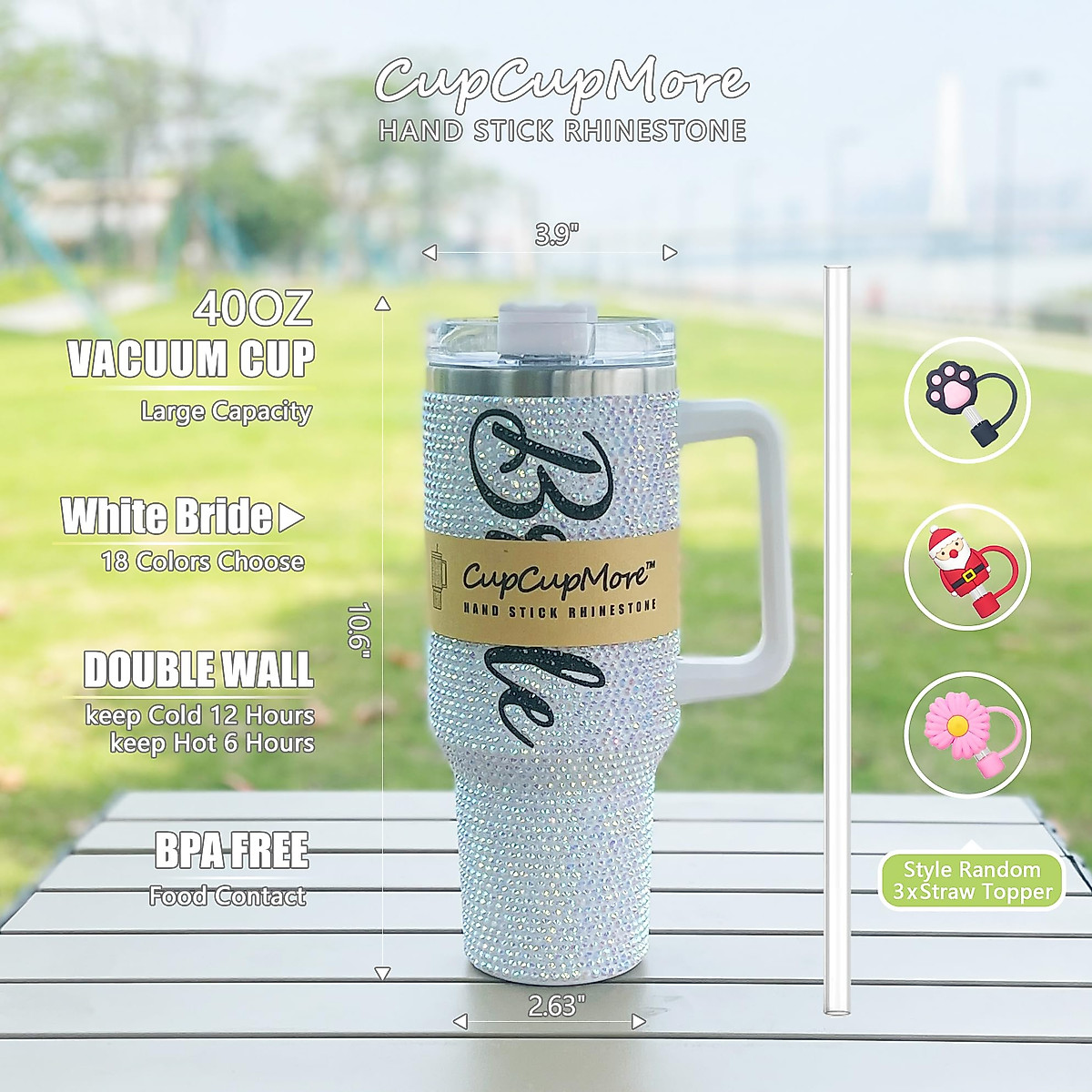 Cupcupmore 40oz Print Bling Rhinestone Stainless Steel Sippy Tumbler Glitter Vacuum Insulated Water Bottle with Straw & Lid &Handle,Thermos for Hot & Cold Drinks,Car Cup Holder (Bride White, 40 oz)