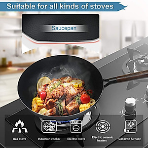 ANEDER Carbon Steel Wok Pan with Lid & Wood Spatula, 12.5" Cast Iron Stir Fry Pan with Flat Bottom and Wooden Handle for Electric, Induction and Gas Stoves