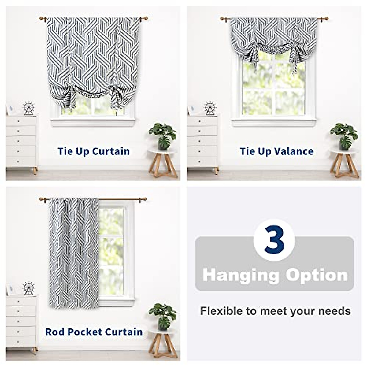 DriftAway Farmhouse Linen Lined Valance Double Layer Thermal Insulated Room Darkening Blackout Valances 3.5 Inch Rod Pocket Striped Tie Up Valance Single 45 Inch by 63 Inch Briony Navy