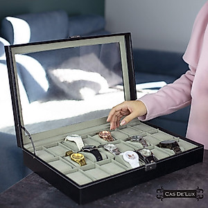 Watch Box Organizer Pillow Case 24 Slot Display Cases With Framed Glass Lid Elegant Contrast Stitching Sturdy and Secure Lock for Men Women Watch and Jewelry Large Holder Boxes