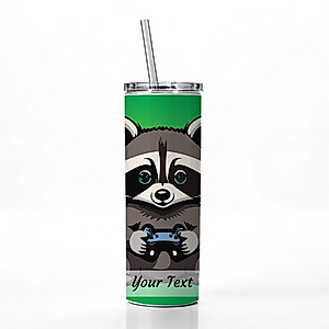 Personalized Custom Name Text Raccoon Gamer Gaming Playing Game Skinny Tumbler 20oz with Straw Insulated Water Bottle Gift - 1 Line Horizontal