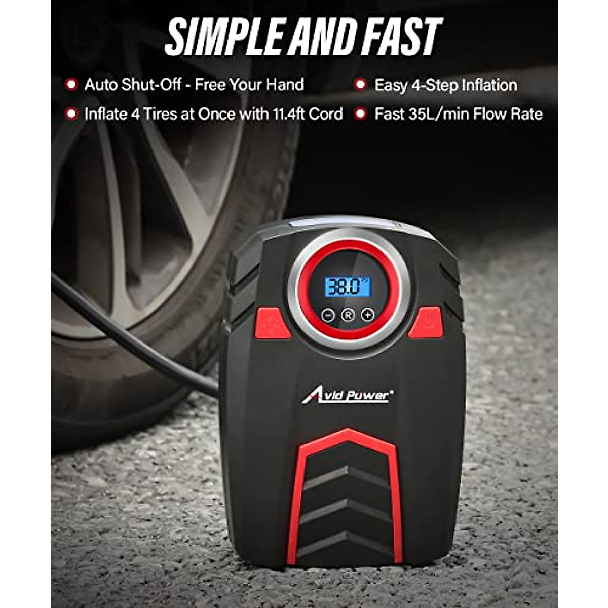 Avid Power Tire 12V Air Compressor w/Digital Pressure Gauge, Car Pump w/LED Light, Auto Shut-Off DC Tire Inflator for Car, Bicycles, Balls and Other Inflatables