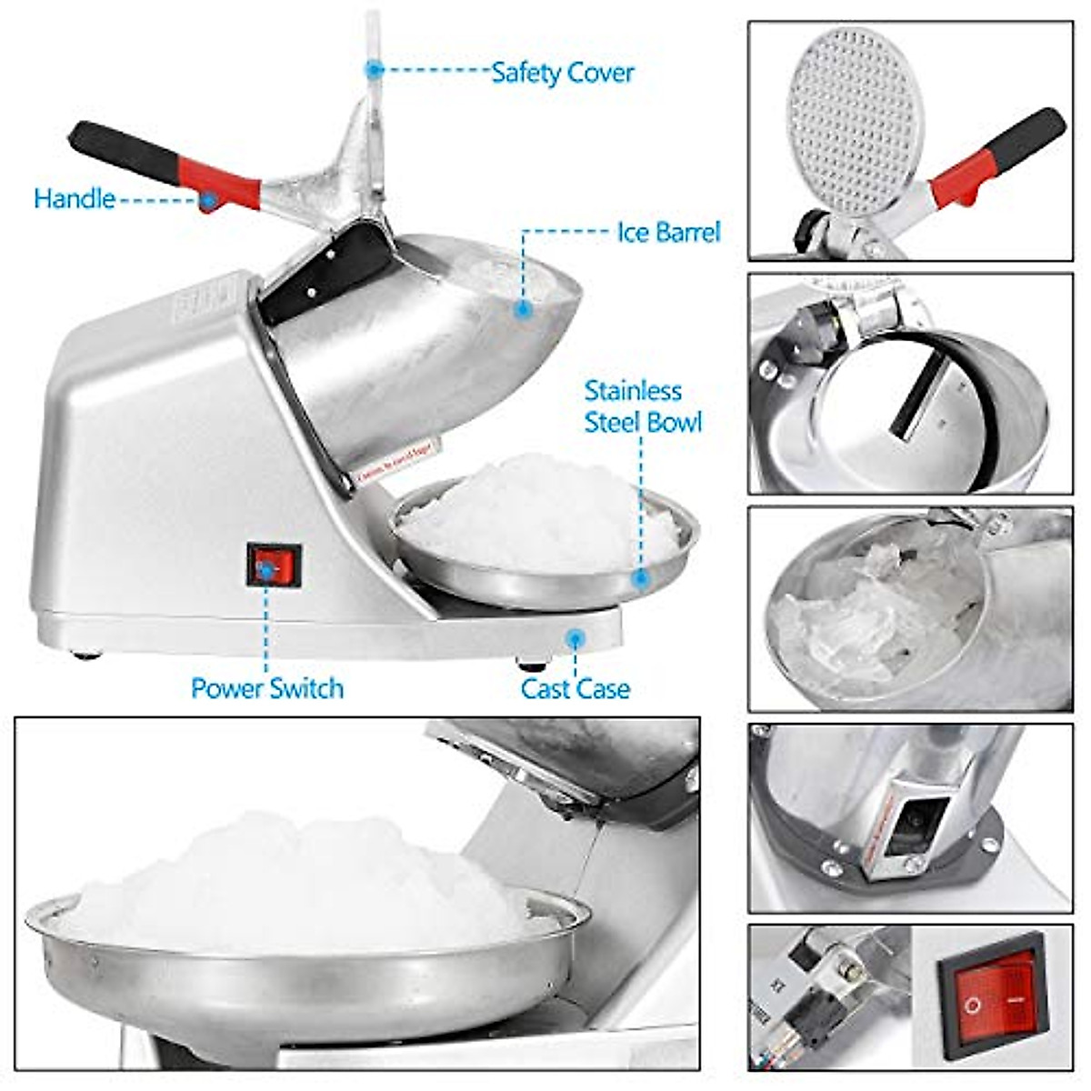 F2C Electric Ice Crusher Shaver Snow Cone Maker with Dual Stainless Steel Blades 300W 145 lbs/hr for Home and Commercial Use (Silver)