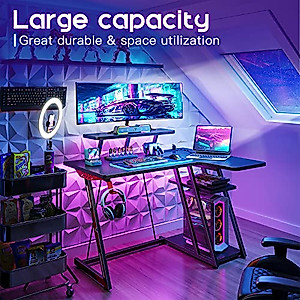 MOTPK Gaming Desk L Shaped, Small Corner Desk with Storage Shelf & Power Outlets, Computer Desk with Monitor Shelf, L Shaped Desk with Carbon Fiber Surface, Gamer Desk Gaming Table, Black, 39 Inch
