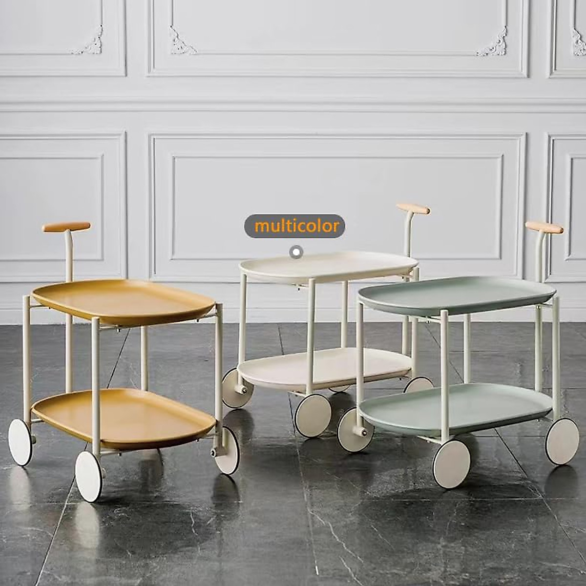 GGW Rolling Cart with Handle, 2-Tier Small Bar Cart, Serving Cart with Wheels, Drink Cart with Steel Frame, Mobile Sofa Side Table with Trays for Home, White