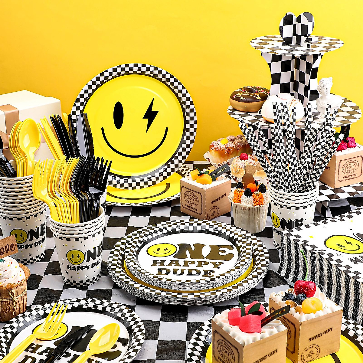 Norme 344 Pcs One Happy Dude Birthday Decorations Smile Face Party Tableware Serve 24 Guests, Include 7 in 9 in Paper Plates Disposable Knife Fork Spoon Napkins Cup Straw for 1st Birthday Baby Shower