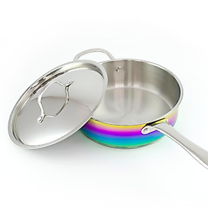 The Magical Kitchen Collection - Iridescent Rainbow 9.5” Skillet with Lid - 4 Quart, Premium Heavy Duty Titanium and Stainless Steel Pan - Rust Proof Induction Cookware - Oven Safe Frying Pan