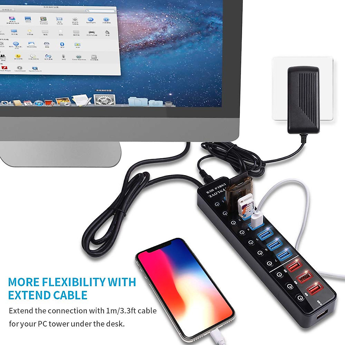 LYFNLOVE Powered USB Hub,11 Port 48W Data Charging Hub with 7 USB 3.0 Ports and 4 Smart Charging Ports,USB 3.0 Splitter with On/Off Switches for Laptop,PC, Computer,TV, HDD, Flash Drive and More
