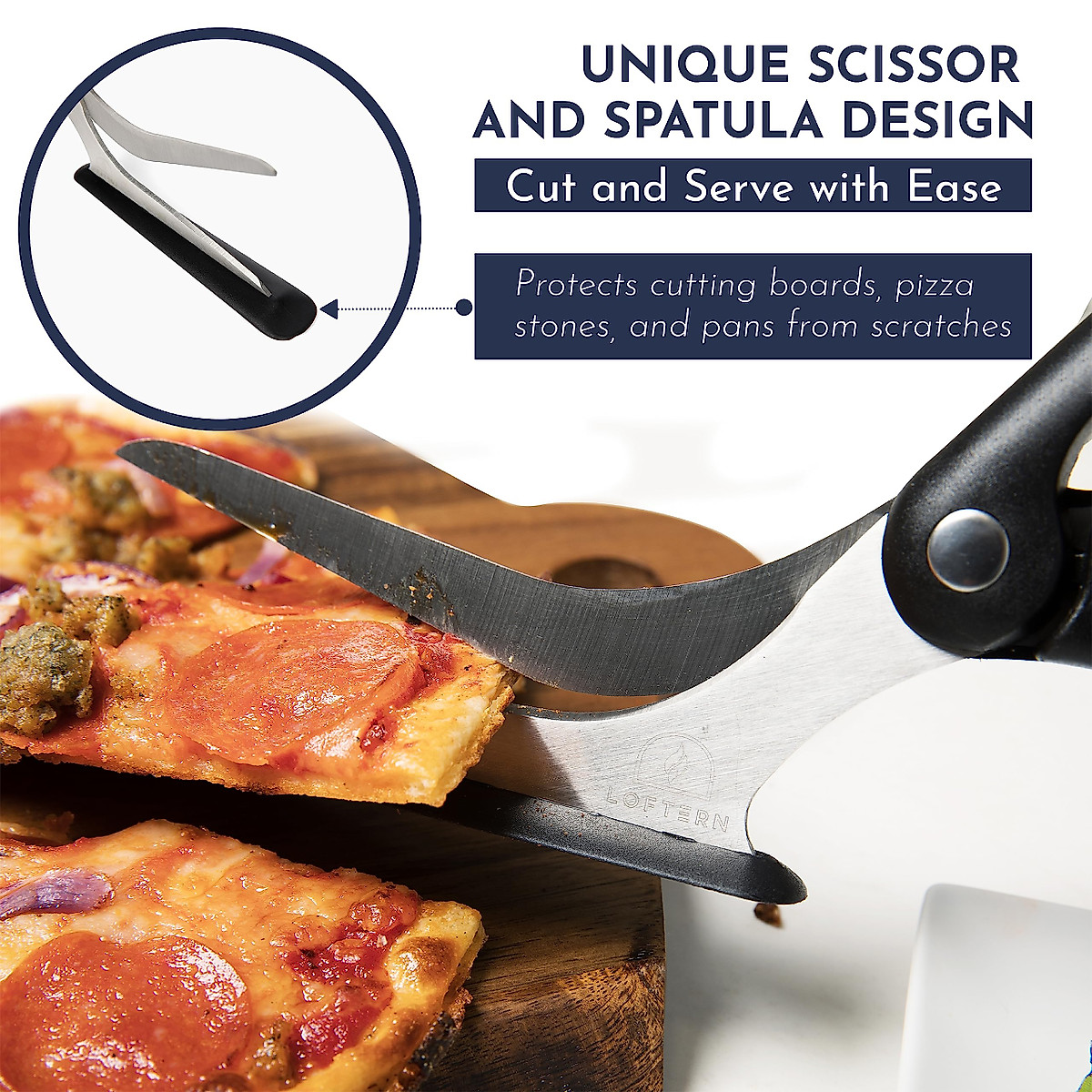 Loftern Pizza Scissors - Non-Stick Pizza Scissors with Firm Grip Base - Food Grade Stainless Steel Pizza Cutter - 5-in-1 Food Slicer & Pizza Server - Durable, Safe & Mess Free