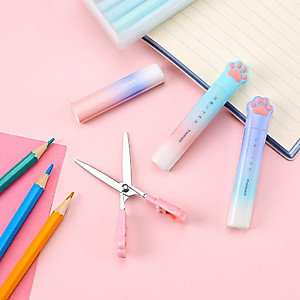 3 Pieces Cute Mini Scissors, Cartoon Cat Paw Stainless Steel Craft Scissors, Folding Stationery Scissors with Safety Cover, Portable Safety Scissors for Paper Cutting, Scrapbooking, Crafting