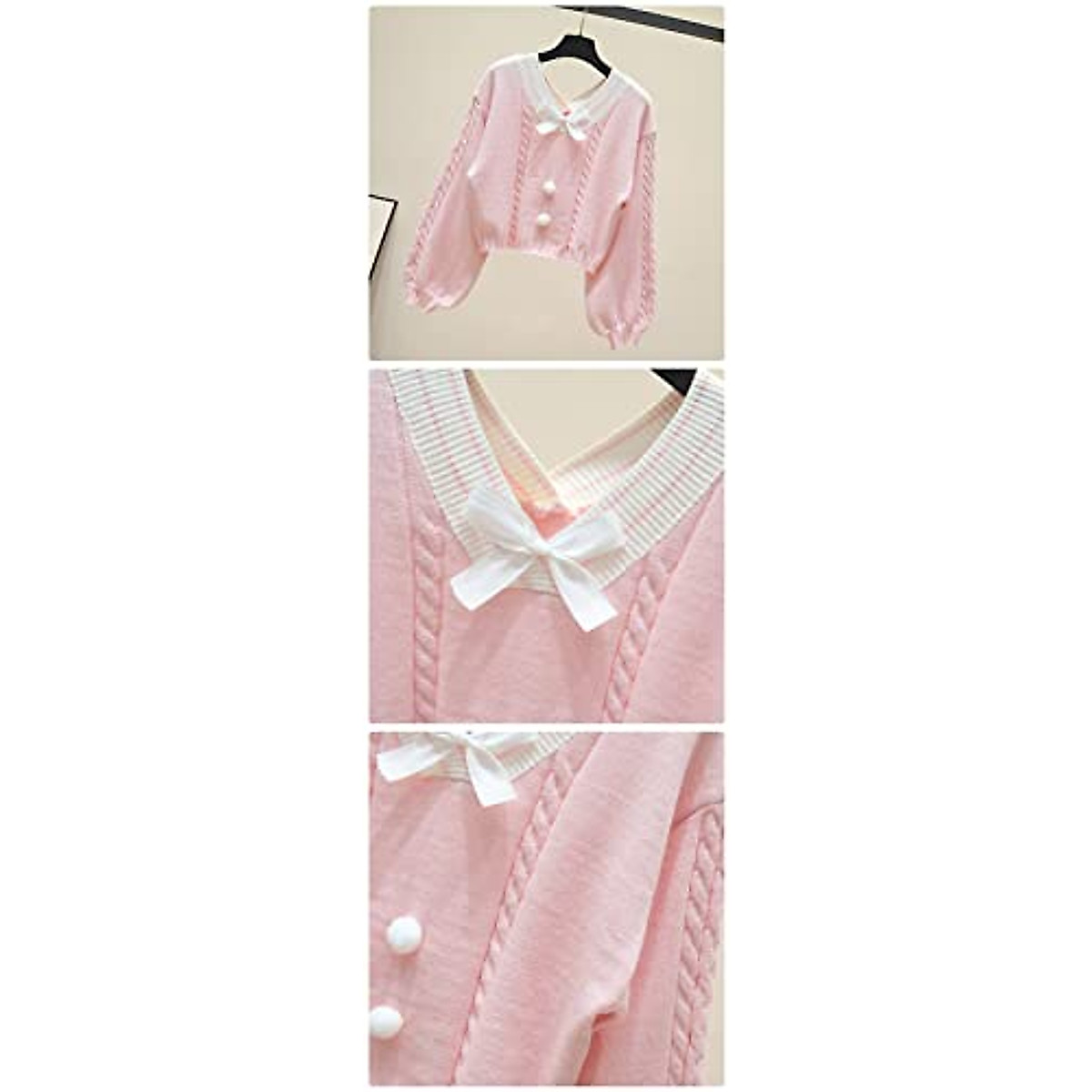 Cuteighteen Cute Sweaters for Women Cable Knit V Neck Cropped Loose Sweater Pullover Long Sleeve Top with Bow (Pink)