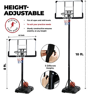 Portable Basketball Hoop 10 ft Adjustable - 44in Shatterproof Backboard - Basketball Goal System 8-10 ft Adjustable Basketball Hoop for Kids/Adults Indoor Outdoor Weatherproof Fillable Base