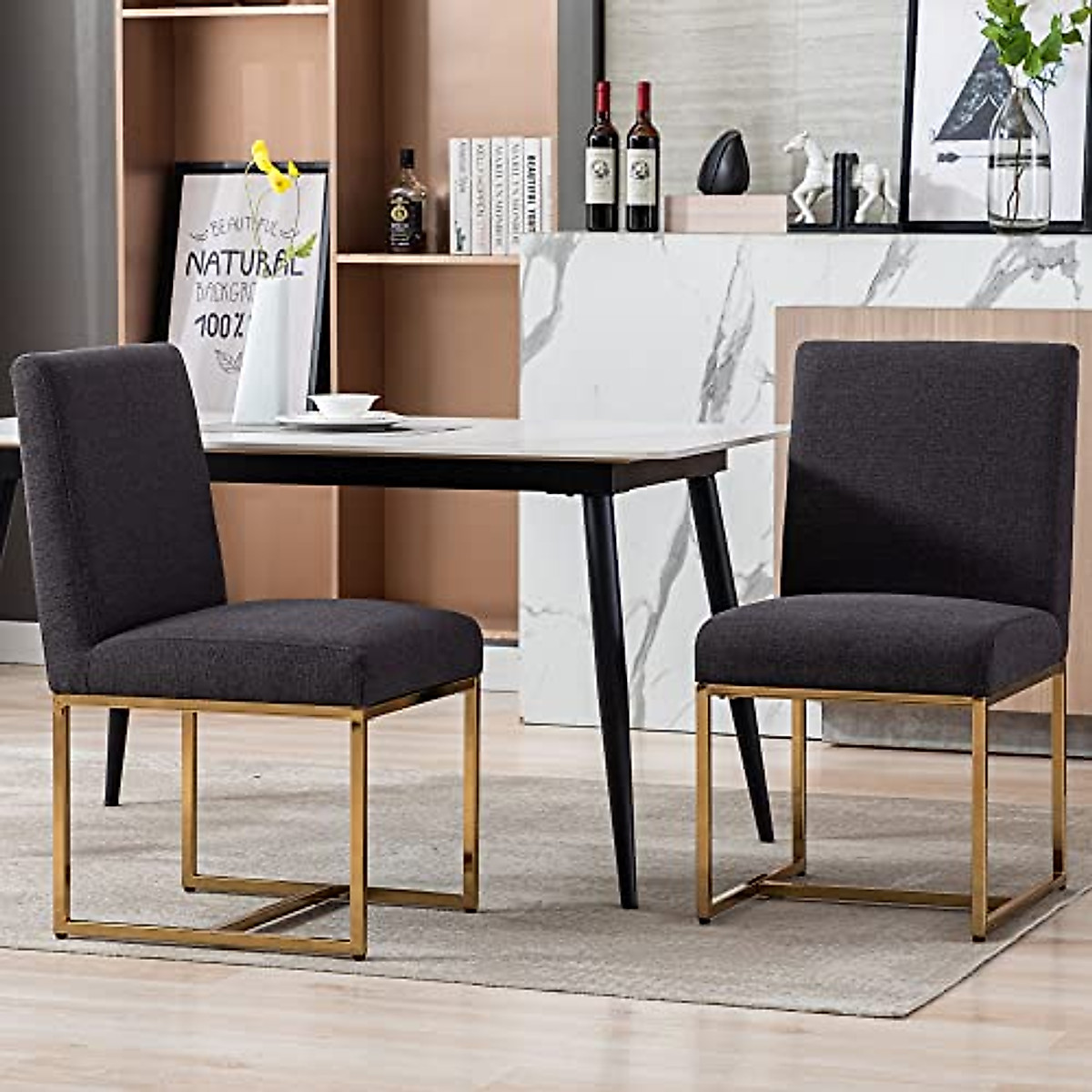 VESCASA Linen Upholstered Dining Chairs Set of 2, Mid Century Modern Padded Chair with Gold Metal Frame for Restaurant, Dining Room, Kitchen, Charcoal