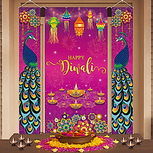 3 Pcs Happy Diwali Porch Door Banner, Indian Diwali Peacock Front Porch Door Cover, Deepawali Festival of Lights Porch Door Backdrop Hanging Decorations for Indian Diwali Light Festival Party Supplies