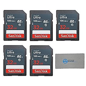 SanDisk 32GB Ultra SD Memory Card (5 Pack) SDHC UHS-I Card Class 10 (SDSDUNR-032G-GN3IN) Bundle with 1 Everything But Stromboli Microfiber Cloth