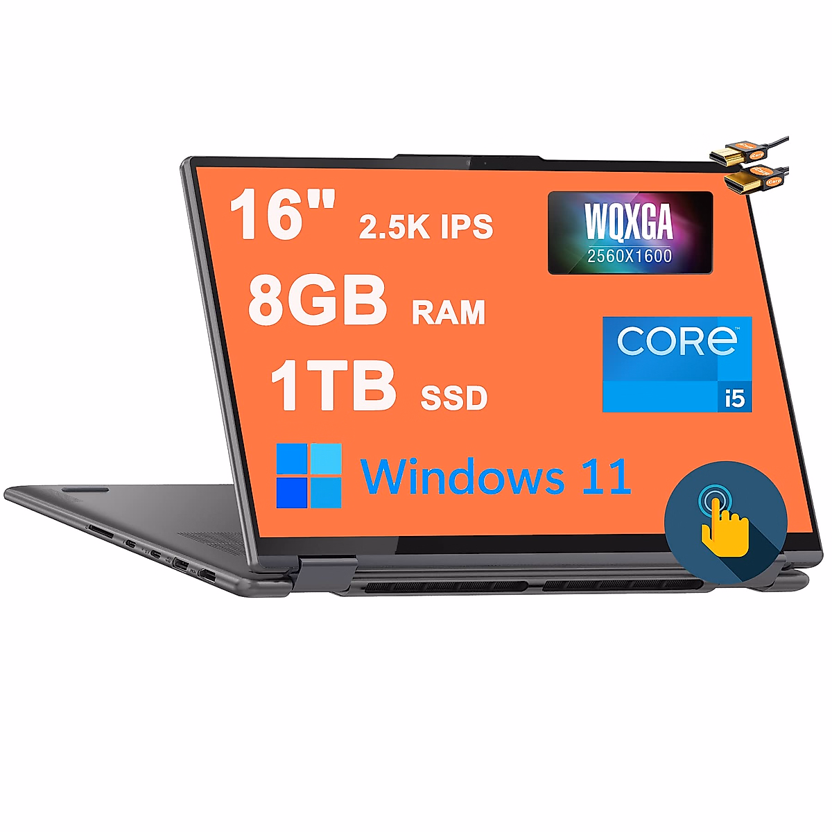 Lenovo Yoga 7i 16 2-in-1 Laptop 16" 2.5K Touchscreen (400 nits 100% sRGB TÜV Low Blue Light) 12th Gen Intel 12-Core i5-1240P 8GB RAM 1TB SSD Backlit Fingerprint Thunderbolt Win11 Grey + HDMI Cable