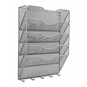 EasyPAG Wall Mount File Organizer with Key Hooks 5 Pocket Vertical Mesh Hanging Wall File Holder Magzine Paper Folders Rack for Office and Home,Silver