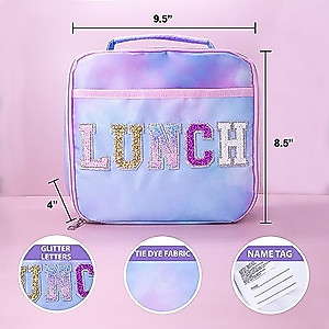 FROG SAC Kids Lunch Bag for Girls, Reusable Insulated Preppy Tie Dye Glitter Varsity Letter Patch Lunch Box, Cute Soft Back to School Tween Lunchbox