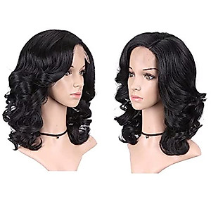 Lady Miranda Loose Wave Lace Part Wig Pure Color Nature Curly Synthetic Heat Resistant Weave Full Wigs for Women(Black)