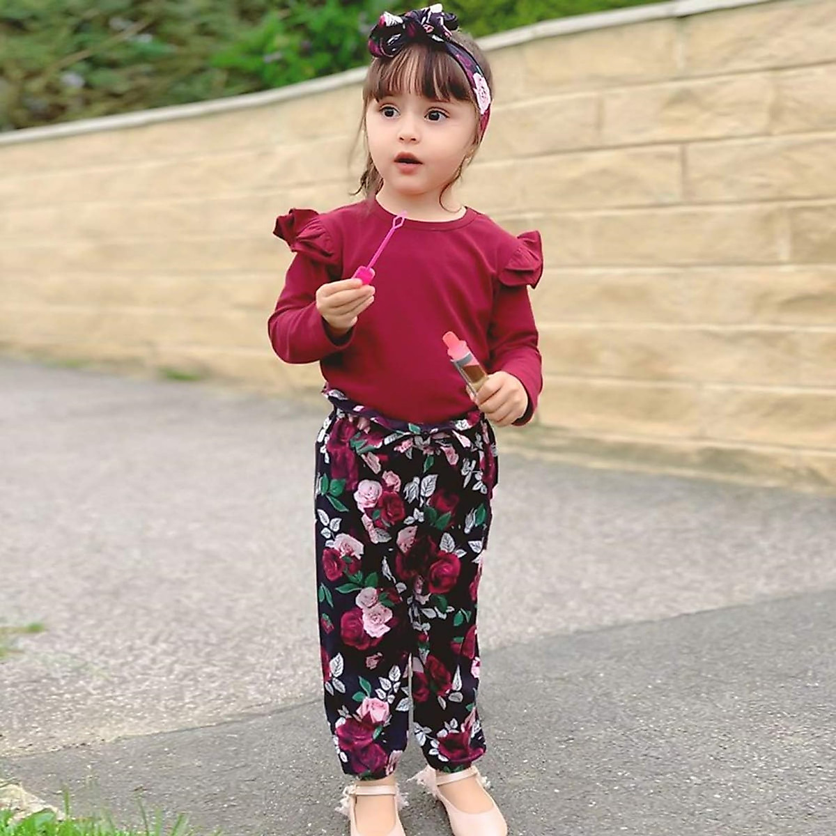 SANMIO 24 Month Girl Clothes Baby Girl Outfits Solid Color Ruffle Top+ Floral Pant + Headband 3Pcs Toddler Baby Girl Fall Outfits Set