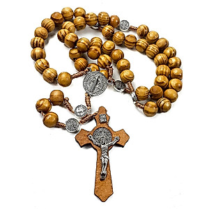 Nazareth Store Wood Beads Rosary Necklace Saint Benedict Medal & Catholic Cross Religious Prayer Chaplet String Handmade - Velvet Bag