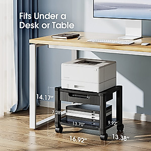 HUANUO Printer Stand - Under Desk Printer Stand with Cable Management & Storage Drawers, Height Adjustable Printer Desk with 4 Wheels & Lock Mechanism for Mini 3D Printer HNDPS