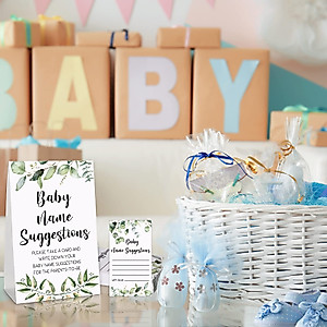 61 Pieces Baby Shower Games Include Greenery Baby Name Suggestion Sign and 50 Baby Shower Name Suggestion Cards with 10 Pencils for Baby Shower Party Decor