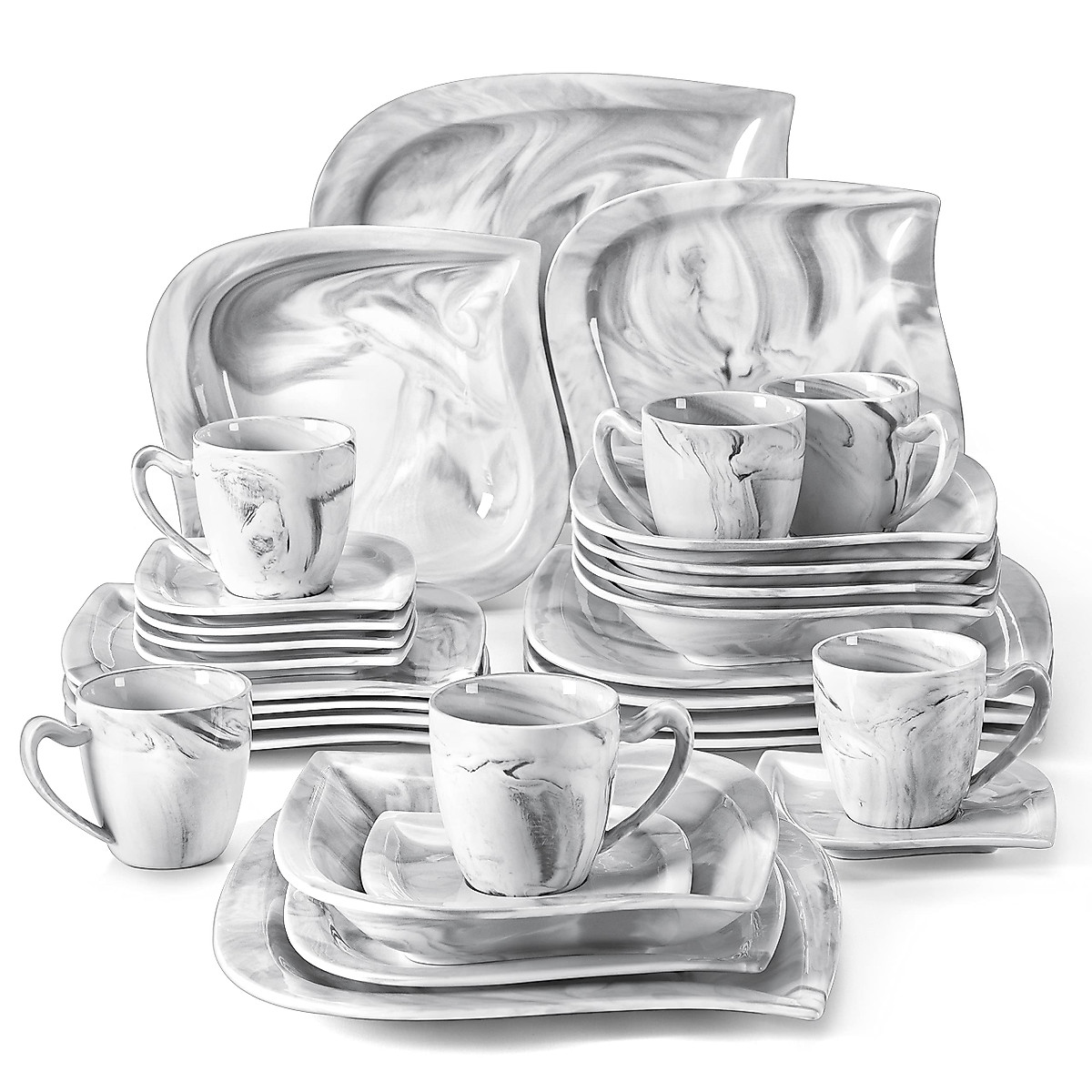 MALACASA Dinnerware Sets for 6, 30 Piece Porcelain Plates and Bowls Sets, Marble Dish Set with Dinner Plate Set, Cup and Saucer, Square Plates Dinnerware Set, Modern Dishes Dinnerware, Series Elvira