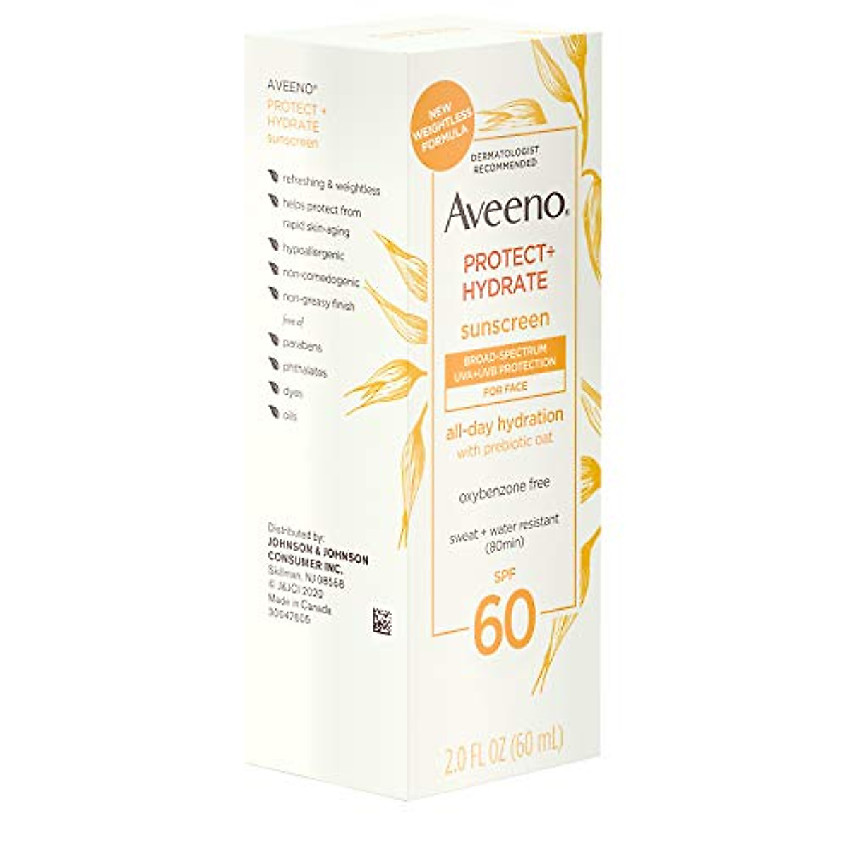 Aveeno Protect + Hydrate Moisturizing Face Sunscreen Lotion With Broad Spectrum Spf 60 & Prebiotic Oat, Weightless & Refreshing Feel, Paraben-free, Oil-free, Oxybenzone-free, 2.0 ounces