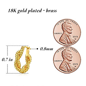 18K Yellow Gold Plated Double Twisted Rope Round Hoop Earrings, Hypoallergenic Lightweight Huggie Earrings for Women and Girls (Yellow Hoop Earrings)