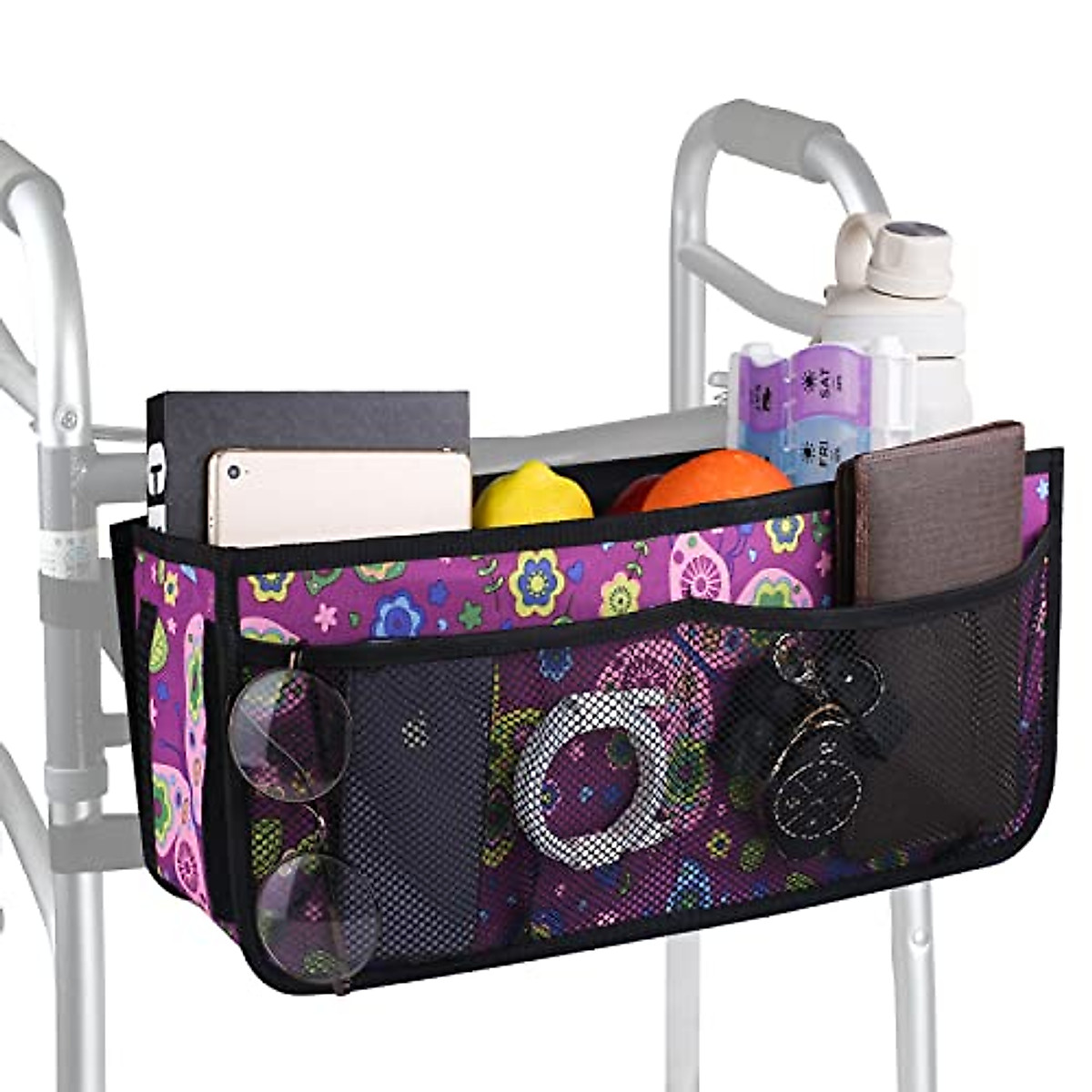 Walker Basket Foldable Walker Storage Bag with Two Split Boards and Six Non-Slip Straps Big Capacity Walker Basket Tote Organizer Never Tipping Over Ideal for Senior, Universal Size (PurpleButterfly)