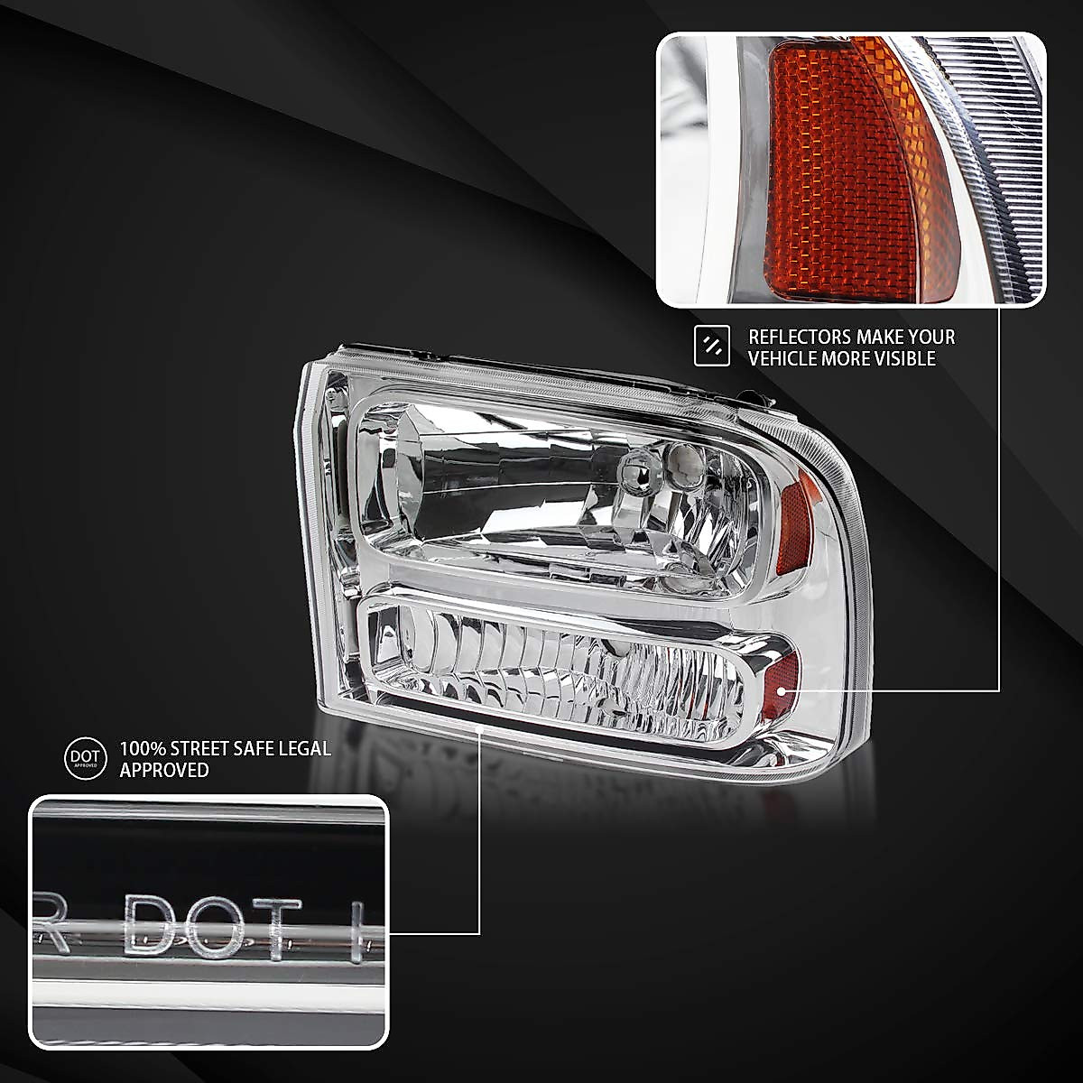 AUTOZENSATION Compatible with 1999-2004 Ford F250 F350 F450 F550 Superduty 2000-2004 Ford Excursion Chrome 1Pc Style Headlights W/Bumper Lamp L + R Pair Headlamp