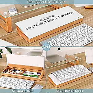 Desktop Glass Whiteboard with Wooden Organizer Box for Office Supplies Storage, Computer Keyboard Stand, Desk Dry Erase White Board with Drawer for Stationary, Marker & Eraser Included, Yeoux