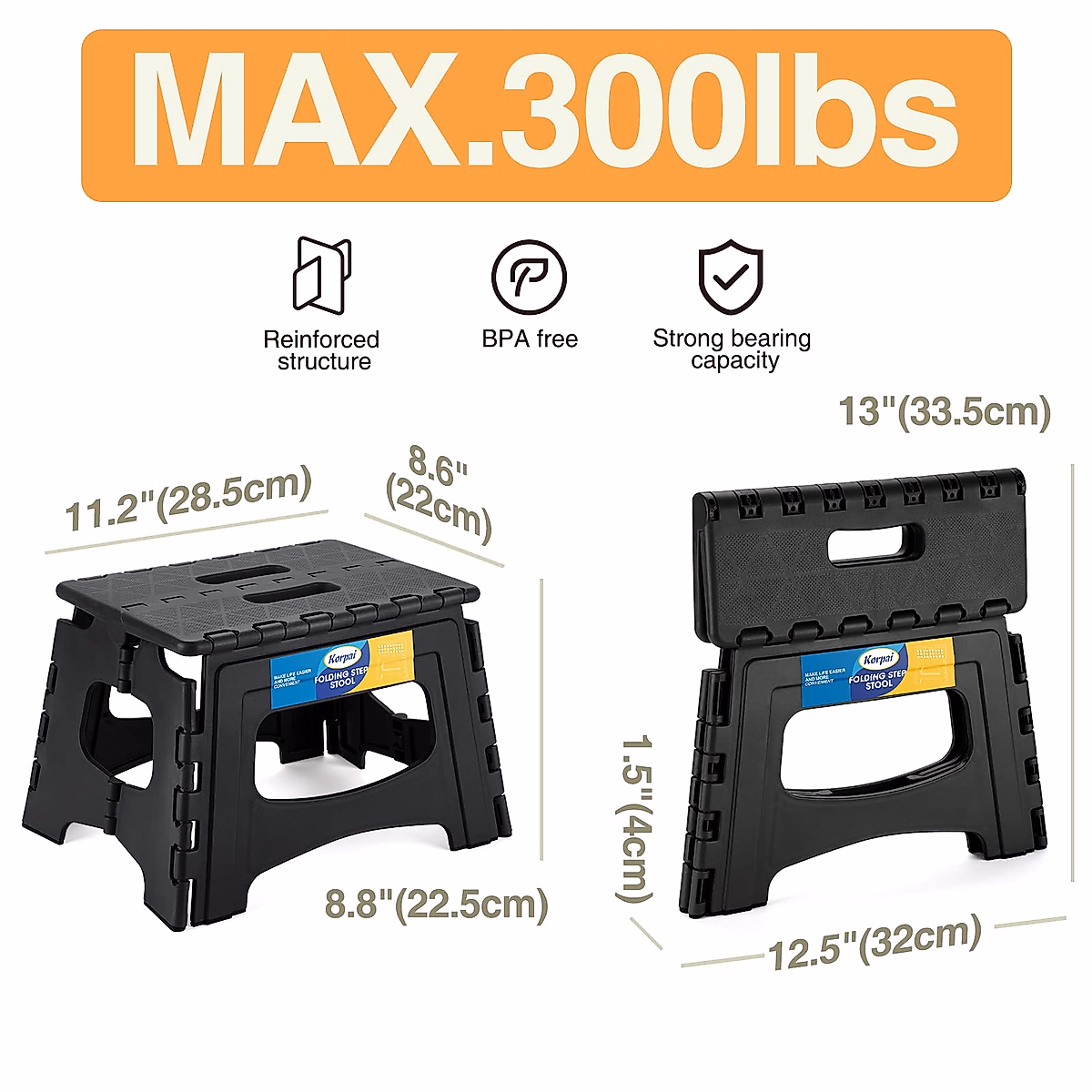 Korpai Upgrade 9" Folding Step Stool for Adults and Kids Holds Up to 300 lbs,Non-Slip Folding Stools with Portable Handle, Compact Plastic Foldable Step Stool for Bathroom, Kitchen,Black,1 PC