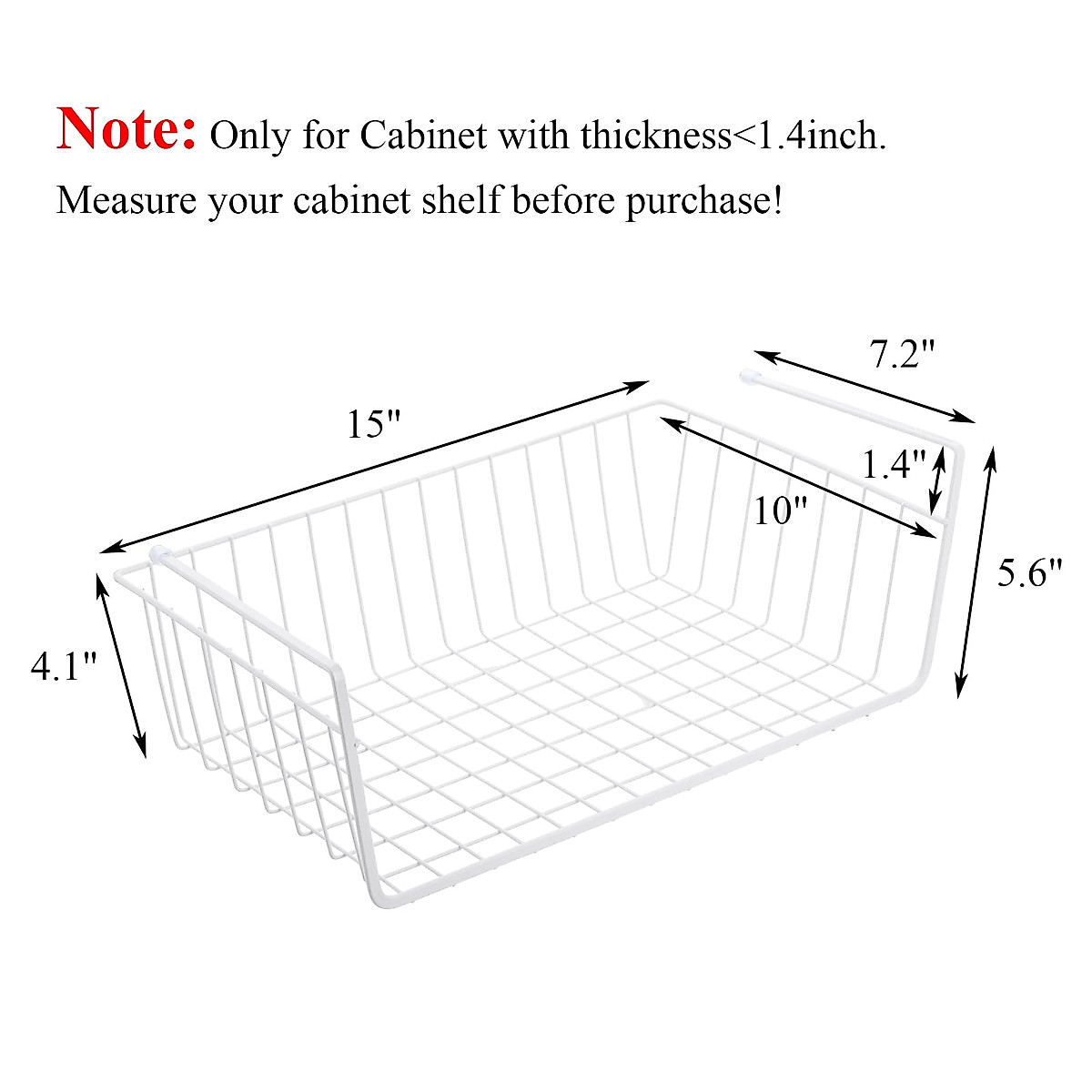 Tebery 4 Pack White Under Shelf Wire Basket Hanging Storage Baskets, Under Cabinet Add-on Storage Racks Slide-in Baskets Organizer for Kitchen Pantry Desk Bookshelf